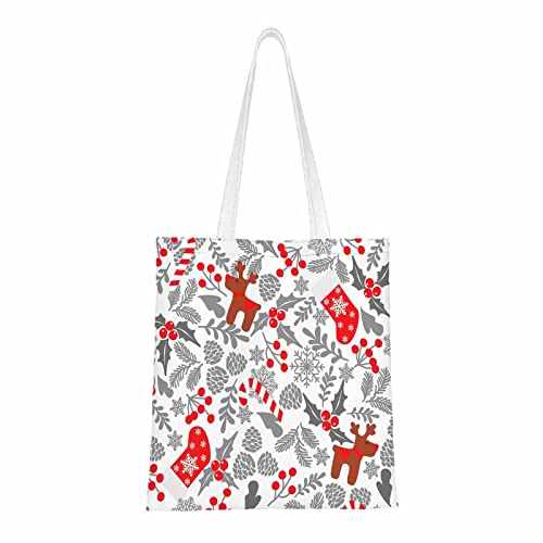 Canvas Tote Bag，Winter Holly Berries Candy Deer Christmas Reusable Large Shopping Shoulder Tote Bag For Women，Red Holiday Doodle Tree Art Blossom Leaf Nature White Beach Tote Bags Bulk For Work