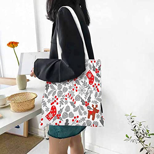 Canvas Tote Bag，Winter Holly Berries Candy Deer Christmas Reusable Large Shopping Shoulder Tote Bag For Women，Red Holiday Doodle Tree Art Blossom Leaf Nature White Beach Tote Bags Bulk For Work