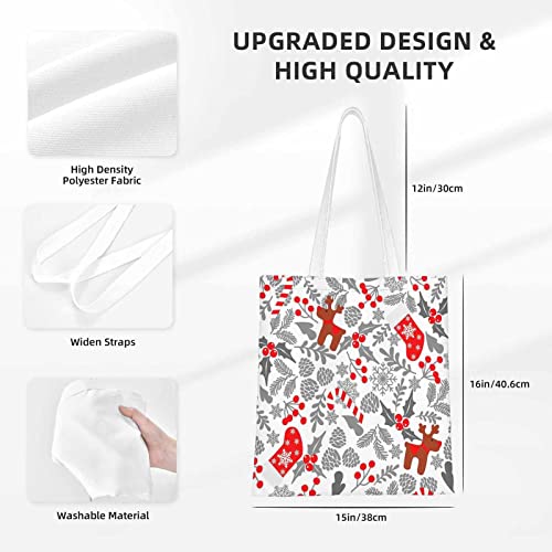 Canvas Tote Bag，Winter Holly Berries Candy Deer Christmas Reusable Large Shopping Shoulder Tote Bag For Women，Red Holiday Doodle Tree Art Blossom Leaf Nature White Beach Tote Bags Bulk For Work