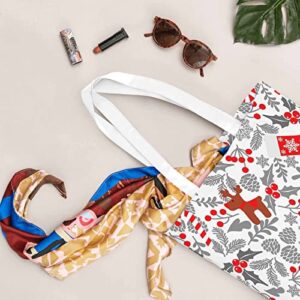 Canvas Tote Bag，Winter Holly Berries Candy Deer Christmas Reusable Large Shopping Shoulder Tote Bag For Women，Red Holiday Doodle Tree Art Blossom Leaf Nature White Beach Tote Bags Bulk For Work