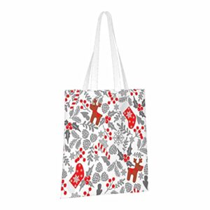 Canvas Tote Bag，Winter Holly Berries Candy Deer Christmas Reusable Large Shopping Shoulder Tote Bag For Women，Red Holiday Doodle Tree Art Blossom Leaf Nature White Beach Tote Bags Bulk For Work