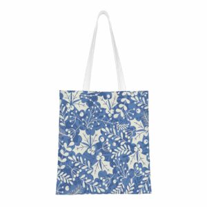 tifydon canvas tote bag，christmas holly leaves berries reusable large shopping shoulder tote bag for women，vintage blue floral tree winter holiday nature doodle leaf retro beach tote bag bulk