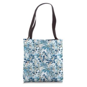 white and blue floral holly berry cottagecore christmas tote bag