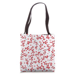 winter holidays and christmas themed holly berries pattern tote bag