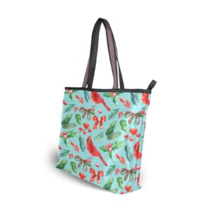 JSTEL Christmas Tote Bag with Pockets,Christmas Holly Berries Tote Purse Xmas Tote Bag Happy New Year Gift