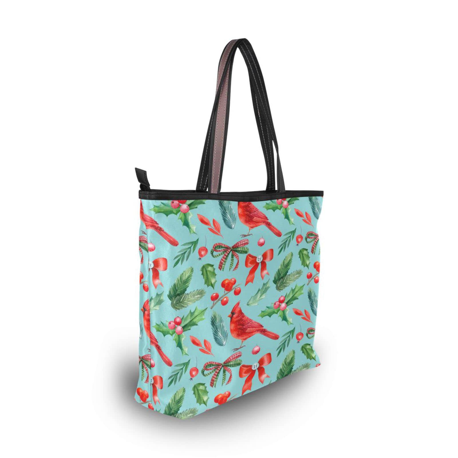 JSTEL Christmas Tote Bag with Pockets,Christmas Holly Berries Tote Purse Xmas Tote Bag Happy New Year Gift