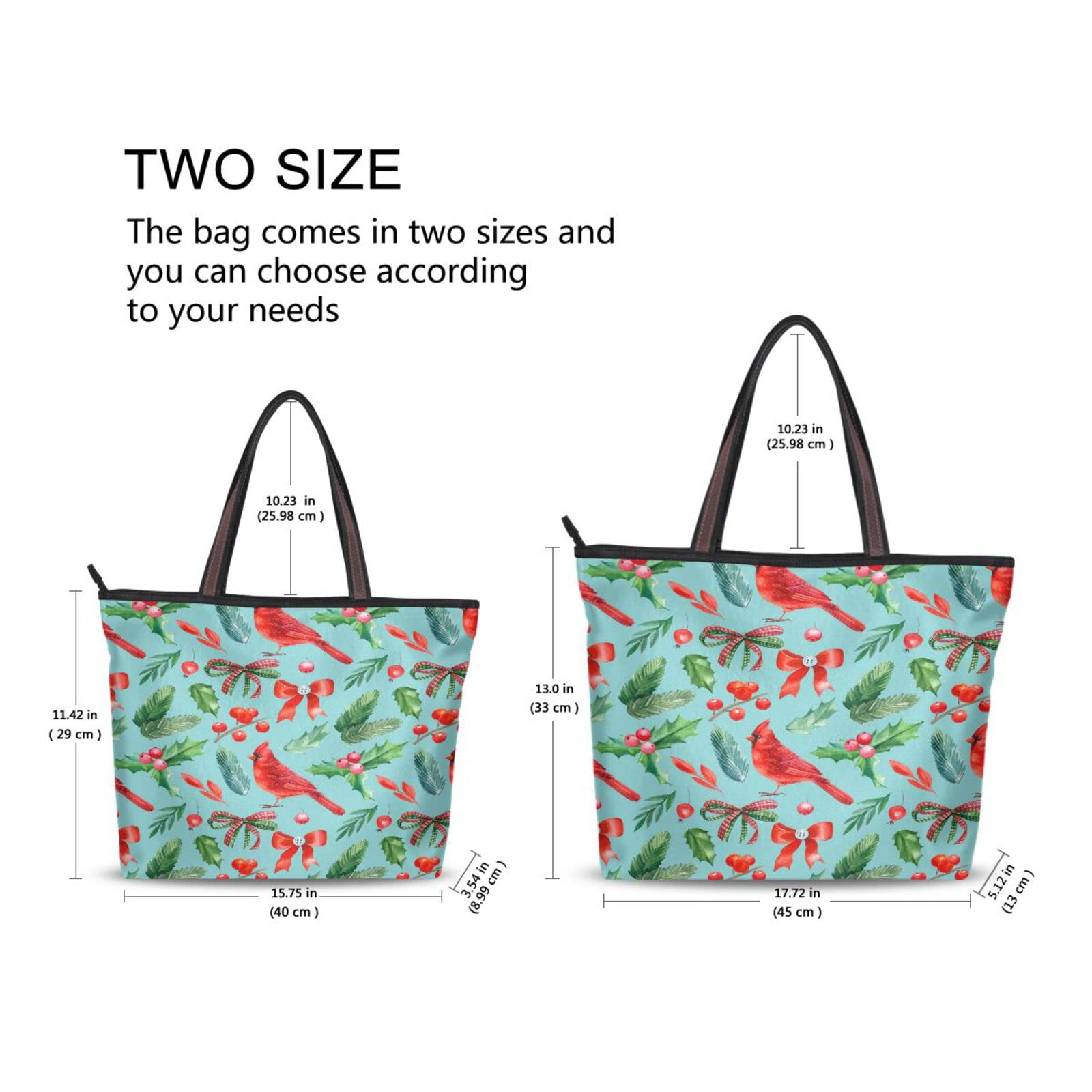 JSTEL Christmas Tote Bag with Pockets,Christmas Holly Berries Tote Purse Xmas Tote Bag Happy New Year Gift