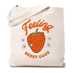 tsiiuo women's feeling berry good canvas tote bag funny strawberry lover gifts retro reusable grocery shopping bag white