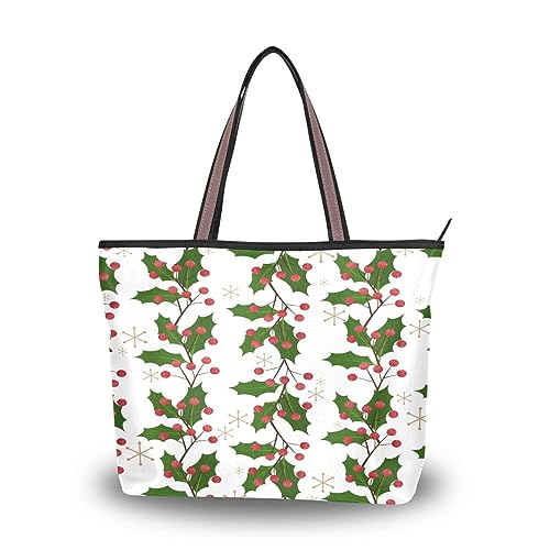 JSTEL Christmas Tote Bag with Zipper,Christmas Berry Holly Tote Purse Women Holiday Handbag Xmas Gift