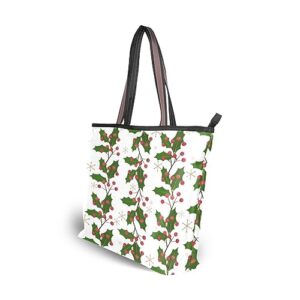 JSTEL Christmas Tote Bag with Zipper,Christmas Berry Holly Tote Purse Women Holiday Handbag Xmas Gift