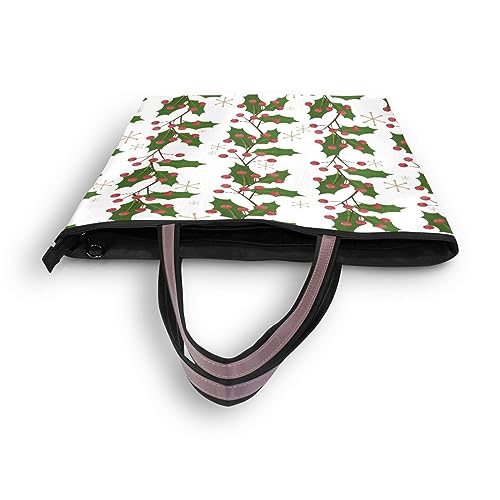 JSTEL Christmas Tote Bag with Zipper,Christmas Berry Holly Tote Purse Women Holiday Handbag Xmas Gift