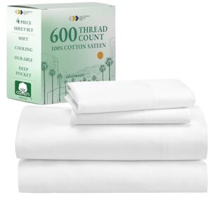 california design den queen size sheet set, 600 thread count 100% cotton sheets, luxury extra deep pocket queen sheets cotton sateen, hotel-quality queen sheet set - white sheets