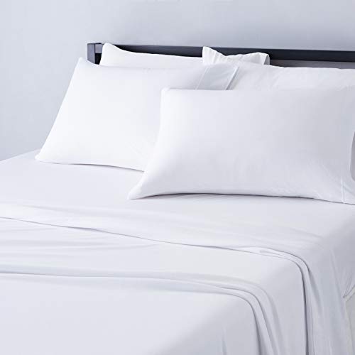 Amazon Basics Cotton Jersey 4-Piece Bed Sheet Set, King, White, Solid