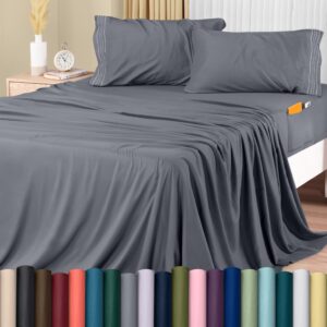 Utopia Bedding King Sheet Set – Soft Microfiber 4 Piece Hotel Luxury Bed Sheets with Deep Pockets - Embroidered Pillow Cases - Side Storage Pocket Fitted Sheet - Flat Sheet (Grey)