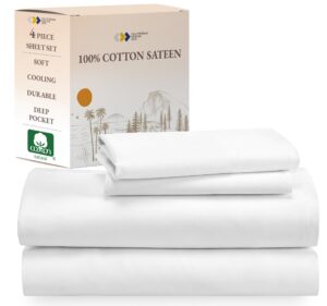 california design den soft 100% cotton sheets king size bed sheets set with deep pockets, 4 piece king bedding set for white sheets, cooling sheets with sateen weave (white)