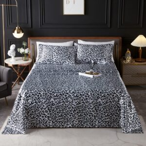 UDEAL King Sheet Set Satin Sheets and Pillowcase Sets Silky Soft Cooling Bed Sheets Set Deep Pocket Luxury Cheetah Print Breathable Sheet 90 GSM (4 Piece, Grey Leopard)