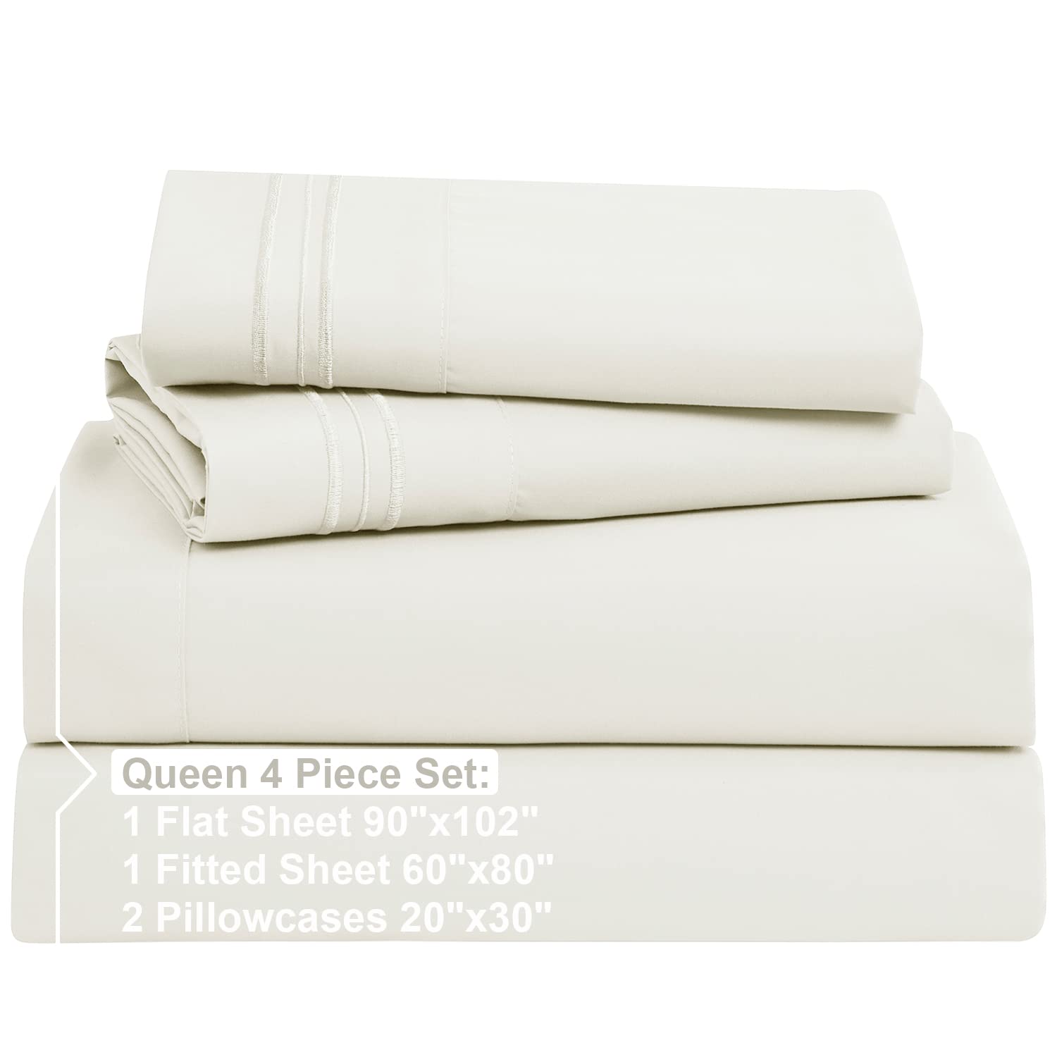 Nestl Queen Sheet Set - 4 Piece Bed Sheets for Queen Size Bed, Deep Pocket, Hotel Luxury, Extra Soft, Breathable and Cooling, Off White Queen Size Sheets