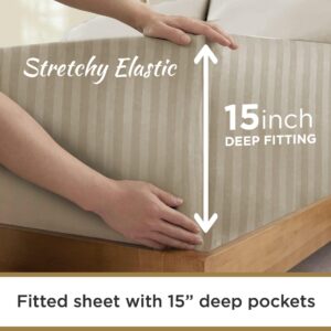 Twin XL 100% Microfiber Double Brushed Sheet Set - Extra-Soft & Wrinkle-Free - 15" Deep Pockets, 39" x 80" - Ideal for Dorms, Hospitals & Split King Beds - 3 PC Set (Twin XL, Khaki Stripe)