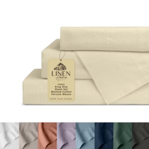 linen home washed cotton percale king sheet set, ivory, deep pocket, 4 pieces bed sheets - 1 flat sheet, 1 fitted sheet & 2 envelope closure pillowcases, cool and comfortable bed linen