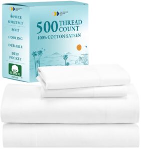 california design den 500 thread count 100% cotton sheets, 4 piece queen size sheet set, cooling deep pocket bed sheets with fitted elastic sheet, extra soft luxury hotel quality - white sheets