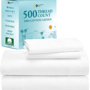 California Design Den 500 Thread Count 100% Cotton Sheets, 4 Piece Queen Size Sheet Set, Cooling Deep Pocket Bed Sheets with Fitted Elastic Sheet, Extra Soft Luxury Hotel Quality - White Sheets