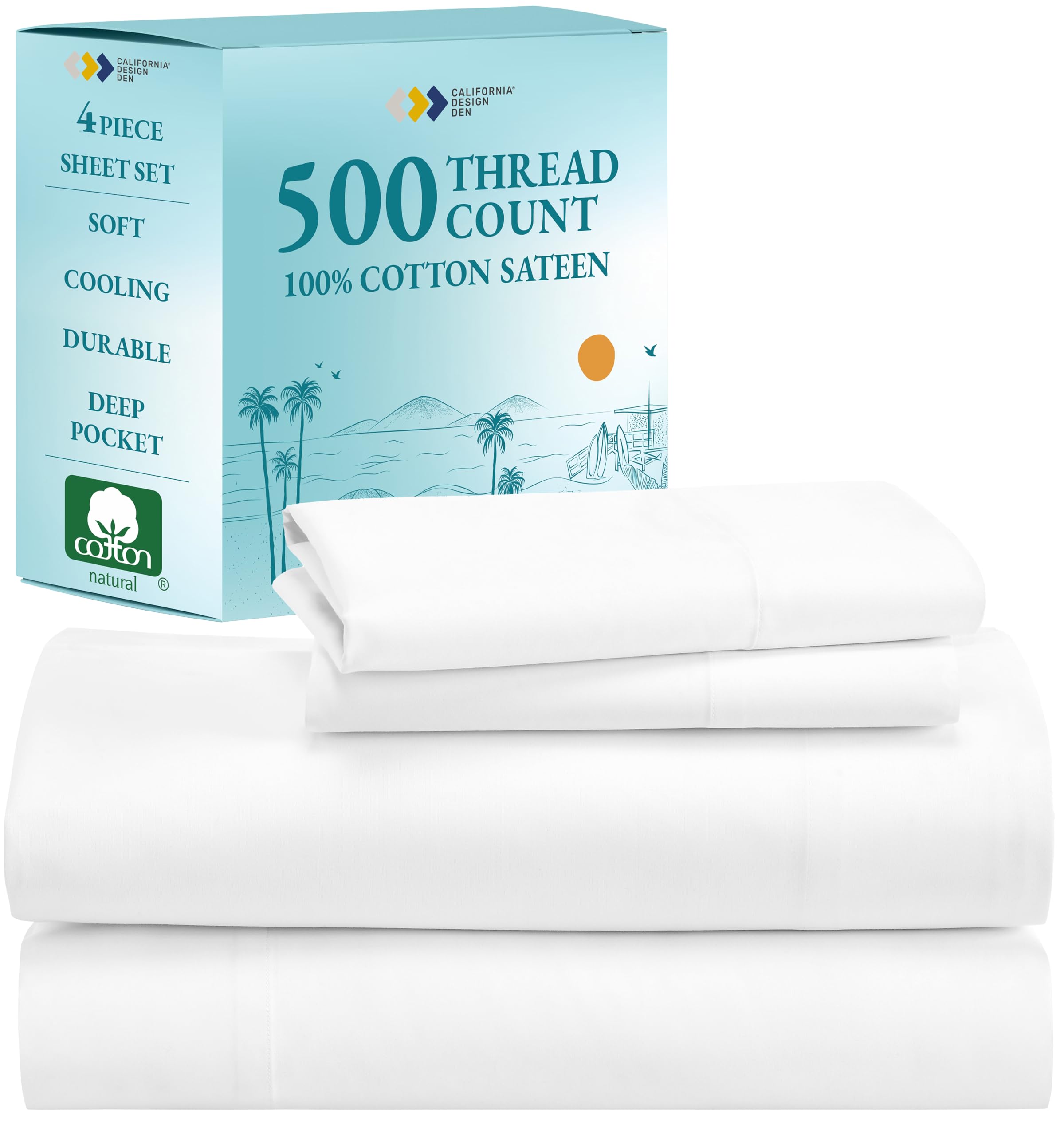 California Design Den 500 Thread Count 100% Cotton Sheets, 4 Piece Queen Size Sheet Set, Cooling Deep Pocket Bed Sheets with Fitted Elastic Sheet, Extra Soft Luxury Hotel Quality - White Sheets