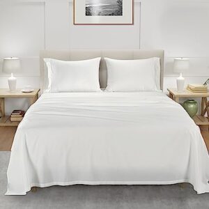 Cooling Sheets Queen Sheet Set, Tencel Lyocell Sheets for Queen Size Bed, 4PC Cooling Bed Sheets, Softer than Sheets Queen Size, Bedding Sets Queen, Eucalyptus Sheets Queen Size - White Sheets