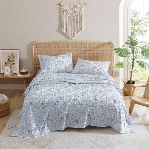 Indigo Ink - Queen Size Sheet Set, 4-Piece Boho Geometric Patterned Bedding, Soft & Wrinkle Resistant (White Denim Collection, Navy Blue)