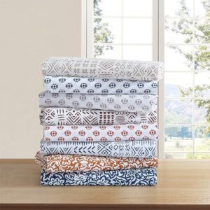 Indigo Ink - Queen Size Sheet Set, 4-Piece Boho Geometric Patterned Bedding, Soft & Wrinkle Resistant (White Denim Collection, Navy Blue)