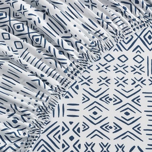 Indigo Ink - Queen Size Sheet Set, 4-Piece Boho Geometric Patterned Bedding, Soft & Wrinkle Resistant (White Denim Collection, Navy Blue)