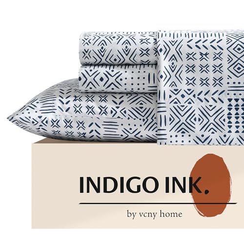 Indigo Ink - Queen Size Sheet Set, 4-Piece Boho Geometric Patterned Bedding, Soft & Wrinkle Resistant (White Denim Collection, Navy Blue)