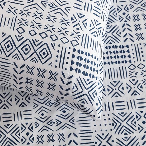 Indigo Ink - Queen Size Sheet Set, 4-Piece Boho Geometric Patterned Bedding, Soft & Wrinkle Resistant (White Denim Collection, Navy Blue)