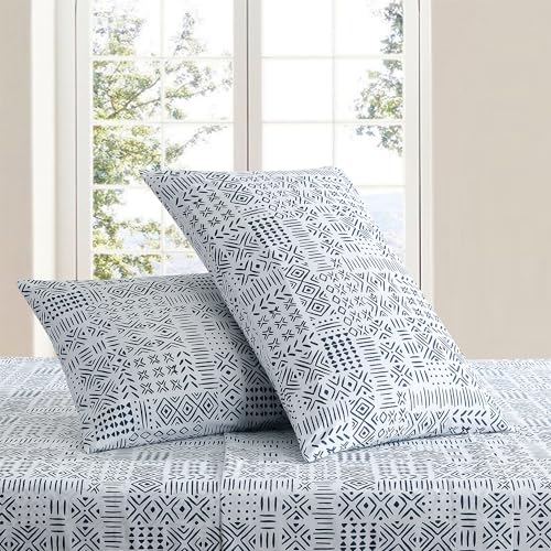 Indigo Ink - Queen Size Sheet Set, 4-Piece Boho Geometric Patterned Bedding, Soft & Wrinkle Resistant (White Denim Collection, Navy Blue)