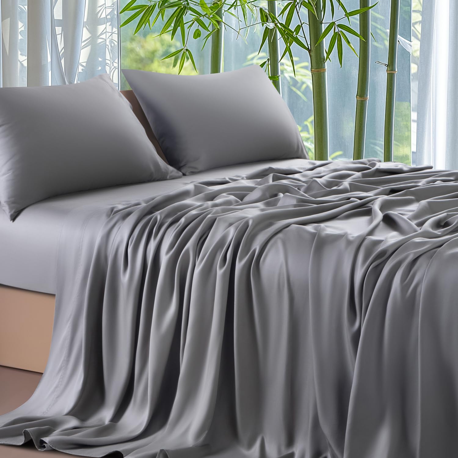 Shilucheng 4-Piece Sheets Set，Rayon Derived from 100% Bamboo_，Cooling & Soft Bed Sheets, Luxury Bedding Sheets & Pillowcases, 16 Inch Deep Pockets (King,Grey)