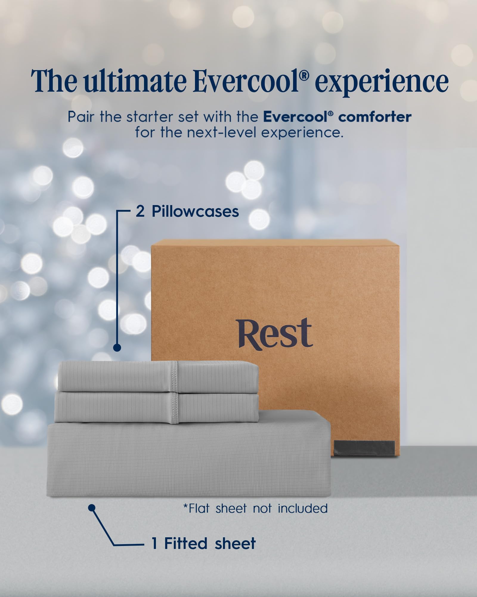 REST® Evercool®+ Starter Sheet Set, 3 PCS with No Flat Sheet, Cooling Sheets Designed for Hot Sleepers and Night Sweats, Knitted with Noble‘s IONIC+ Self-Cleaning Silver Yarns, Gray, King