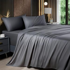 shilucheng 4-piece queen size sheets set，rayon derived from bamboo_，cooling & breathable bed sheets, silky bedding sheets & pillowcases, 16 inch deep pockets (queen,dark grey)