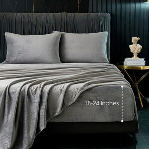 hyprest flannel sheets king size deep pocket, 250 gsm micro plush velvet sheets, hotel luxury soft breathable grey king bed sheets warm fleece sheets fits mattress up to 24" in