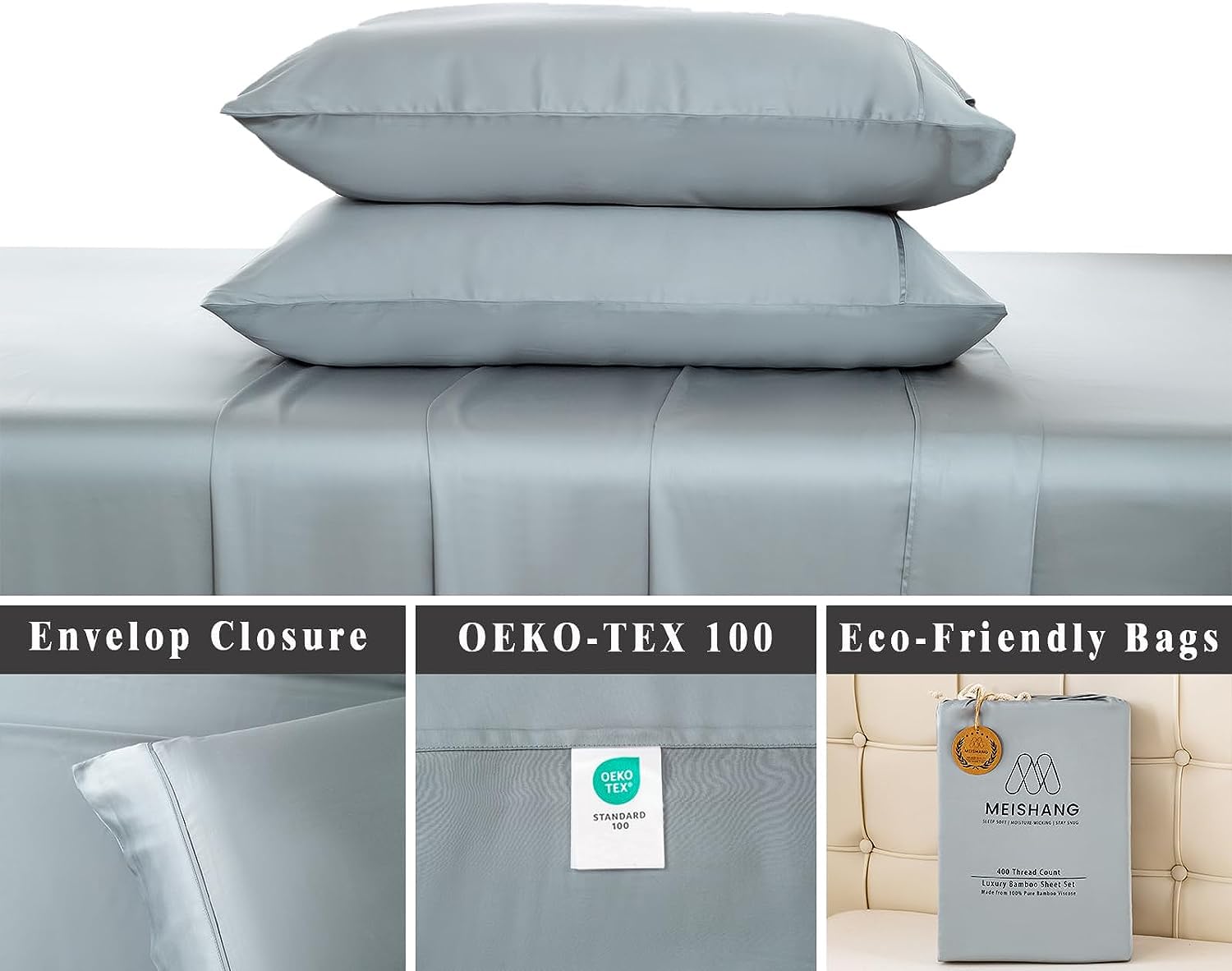 MEISHANG Bamboo Viscose Sheet Set Queen Size - 100% Pure Organic Viscose - 400TC Bamboo Viscose Cooling Bed Sheets Set - Fit 16 Inch Deep Pocket - 4 Piece Set Silky Soft Luxury - Queen, Light Gray