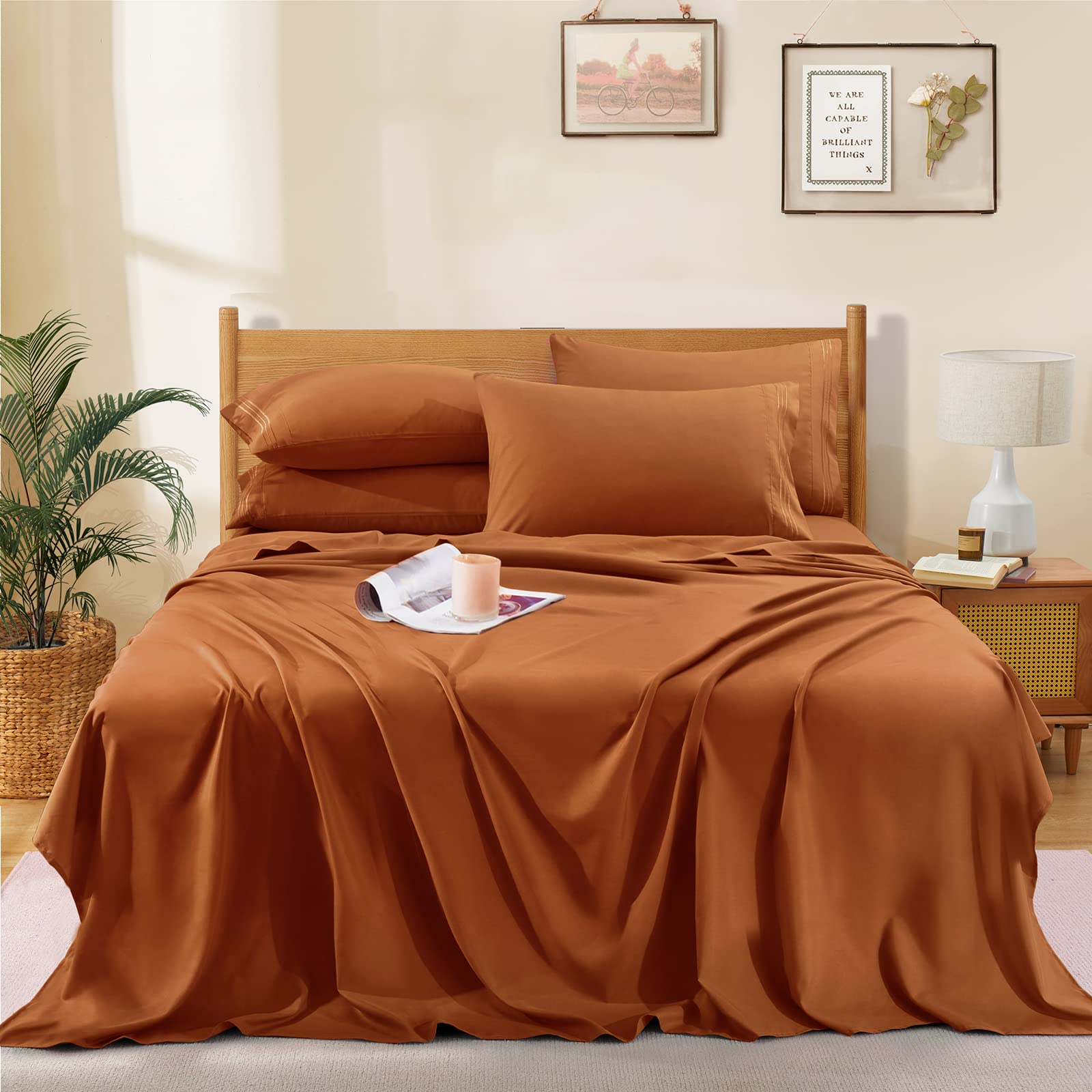 Horbaunal Extra Deep Pocket King Sheets - Fits Mattress 18-24 Inches Deep - 6 Pieces Hotel Luxury 1800 Thread Count Microfiber Sheet Set - Ultra Soft Caramel Pumpkin King Size Bed Sheets