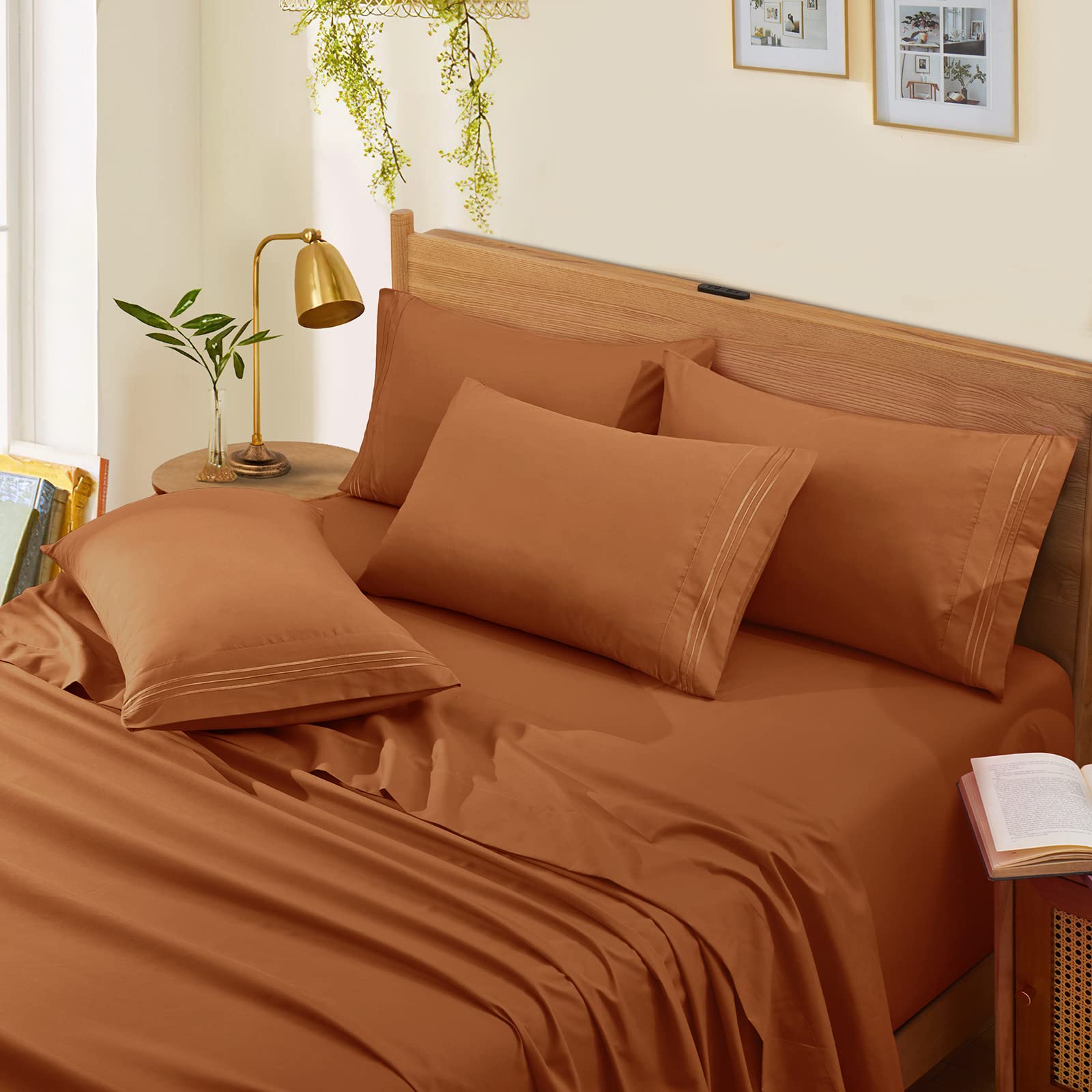 Horbaunal Extra Deep Pocket King Sheets - Fits Mattress 18-24 Inches Deep - 6 Pieces Hotel Luxury 1800 Thread Count Microfiber Sheet Set - Ultra Soft Caramel Pumpkin King Size Bed Sheets