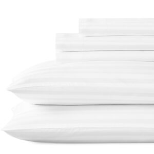 Luxury Split King Sheets Set For Adjustable Bed, 100% Cotton 500 Thread Count, Snug Fit, 5Pc Set With 2 Twin-Xl Fitted Sheets, Hotel Quality Damask Stripe Bedsheets (Split King, Stripe - Pure White)