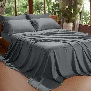 shilucheng 6-piece sheets set，rayon derived from 100% bamboo_，cooling & soft bed sheets, luxury bedding sheets & pillowcases, 16 inch deep pockets (king,dark grey)