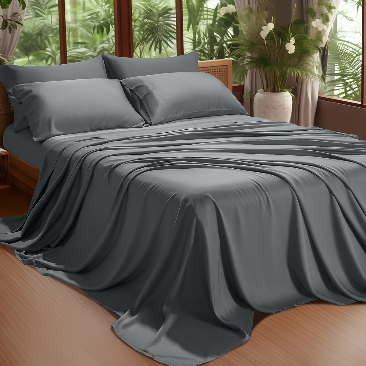 Shilucheng 6-Piece Sheets Set，Rayon Derived from 100% Bamboo_，Cooling & Soft Bed Sheets, Luxury Bedding Sheets & Pillowcases, 16 Inch Deep Pockets (King,Dark Grey)