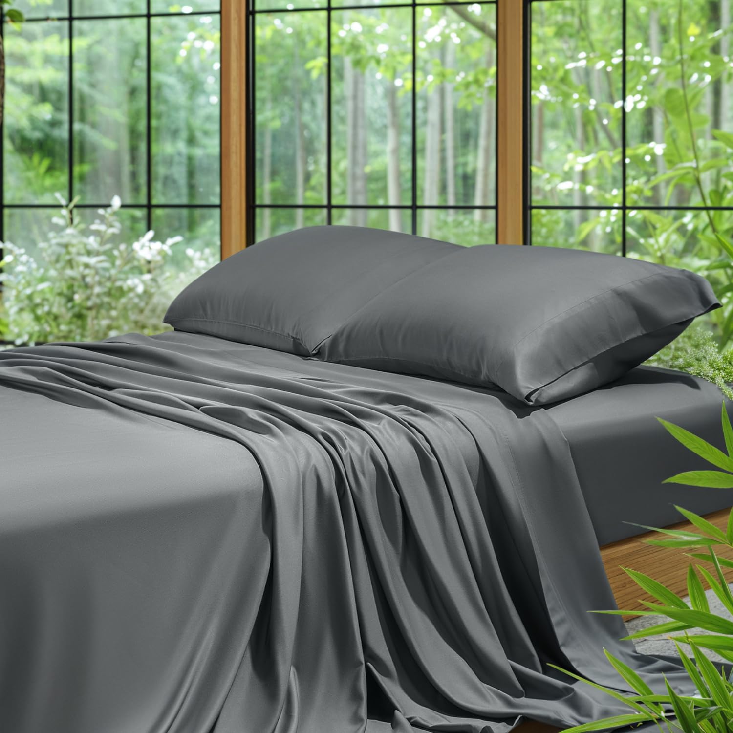 Shilucheng 6-Piece Sheets Set，Rayon Derived from 100% Bamboo_，Cooling & Soft Bed Sheets, Luxury Bedding Sheets & Pillowcases, 16 Inch Deep Pockets (King,Dark Grey)