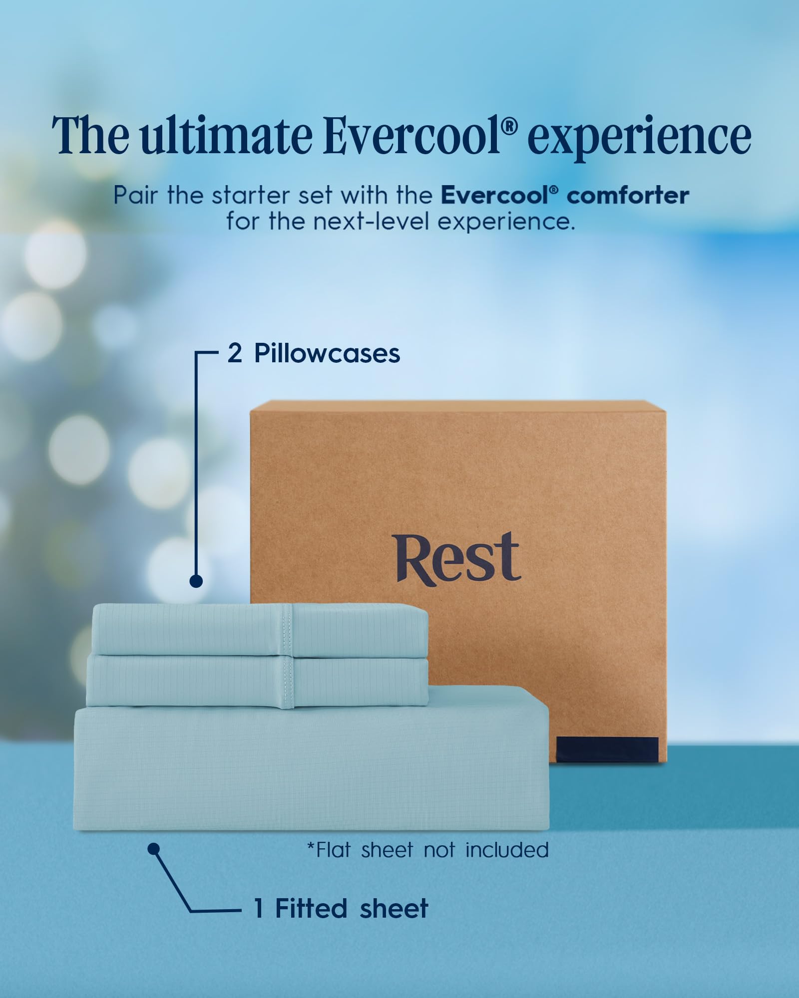 REST® Evercool®+ Starter Sheet Set, 3 PCS with No Flat Sheet, Cooling Sheets Designed for Hot Sleepers and Night Sweats, Knitted with Noble’s IONIC+ Self-Cleaning Silver Yarns, Blue, Full