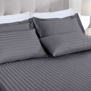 Threadmill 500 Thread Count Full-Size Damask Stripe, 4 Pc Luxury Cotton Bedding Set, Silky Smooth Dark Grey Sheets with 16" Elasticized Deep Pocket, 2 Pillowcases & Free Tote Bag