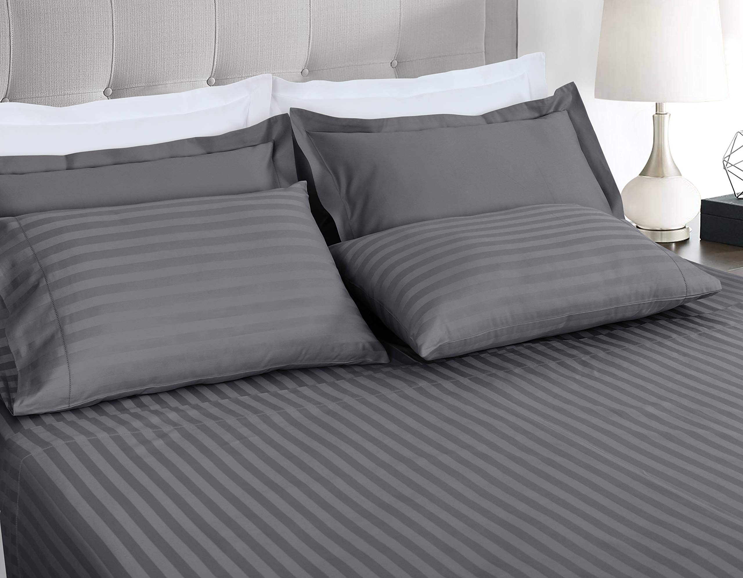 Threadmill 500 Thread Count Full-Size Damask Stripe, 4 Pc Luxury Cotton Bedding Set, Silky Smooth Dark Grey Sheets with 16" Elasticized Deep Pocket, 2 Pillowcases & Free Tote Bag