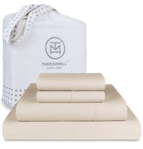 threadmill cotton full size sheet set| 100% cotton sheets for full size bed | solid sateen full bed sheets set with 16” elasticized deep pocket | soft breathable 4-piece cooling sheet set | beige