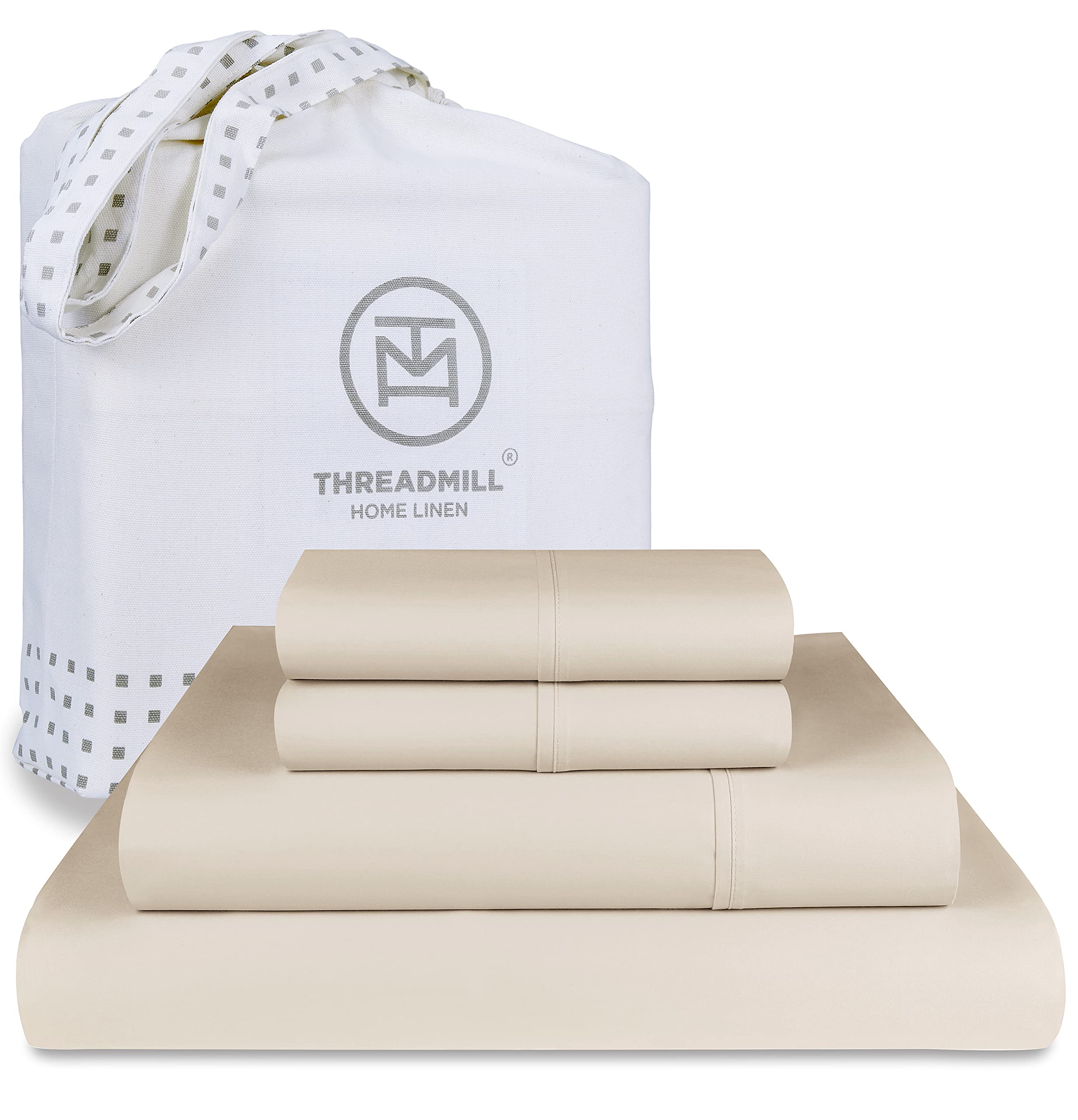 Threadmill Cotton Full Size Sheet Set| 100% Cotton Sheets for Full Size Bed | Solid Sateen Full Bed Sheets Set with 16” Elasticized Deep Pocket | Soft Breathable 4-Piece Cooling Sheet Set | Beige