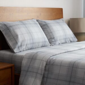 mellanni flannel bed sheets set - 4 pc luxury 100% heavyweight 180gsm cotton - lightweight, cozy - deep pockets, all around elastic - soft, warm, breathable(queen, light gray plaid)